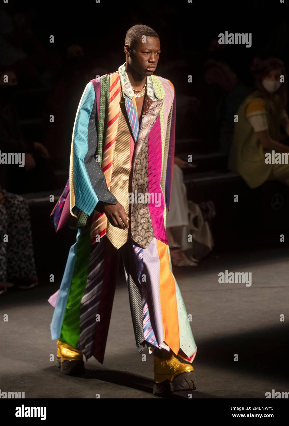 A model wears a creation by Reparto Studio during the Mercedes-Benz ...