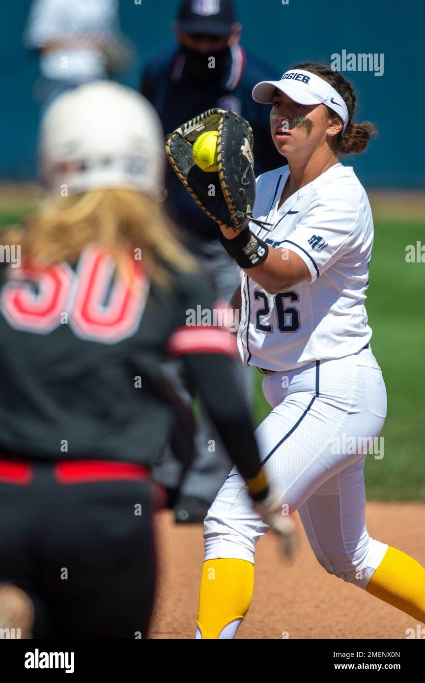 Utah St. first baseman Gabriella Jimenez (26) makes an out during an ...