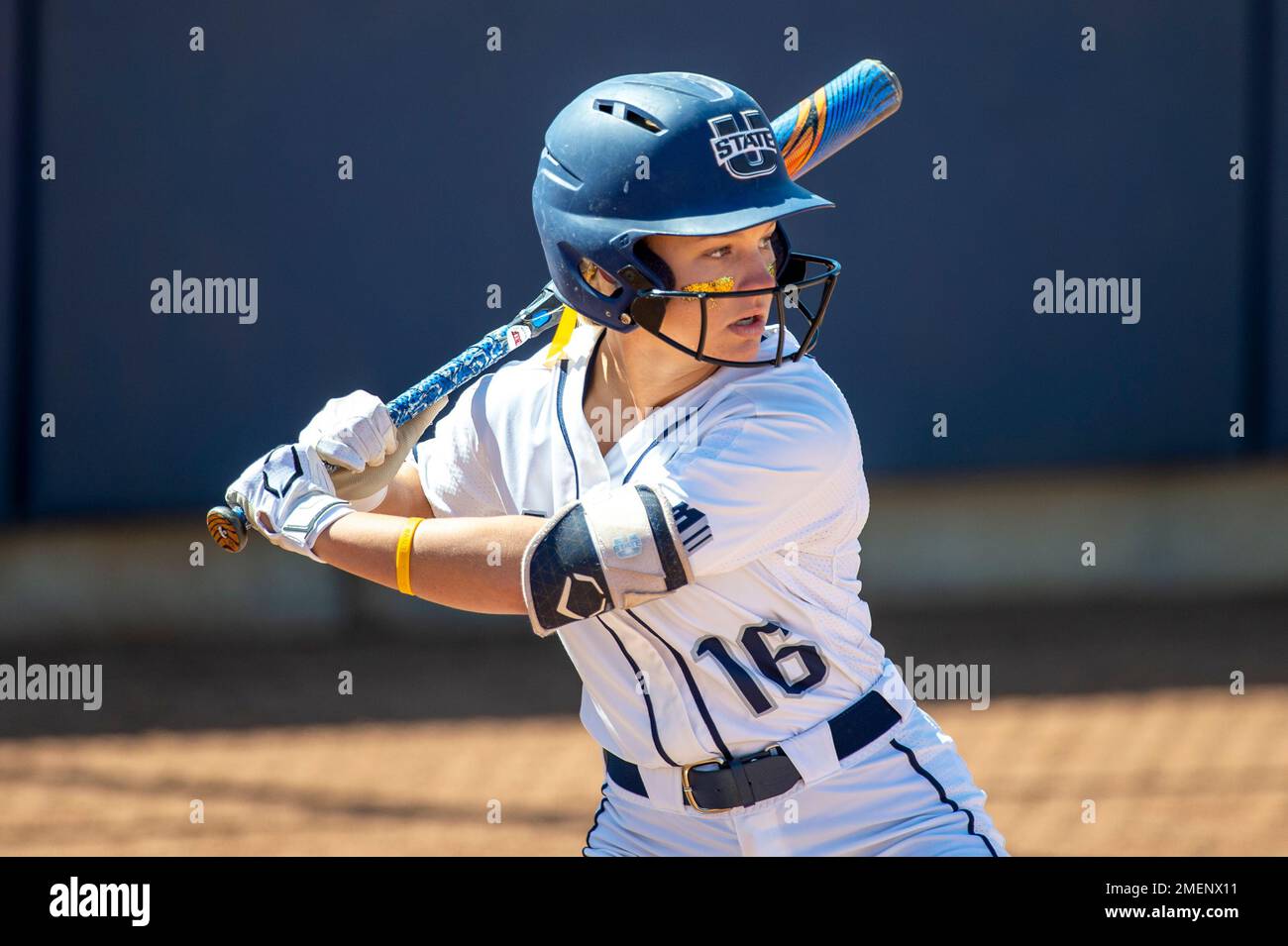 Utah St. outfielder Stephanie Reed (16) bats during an NCAA softball ...