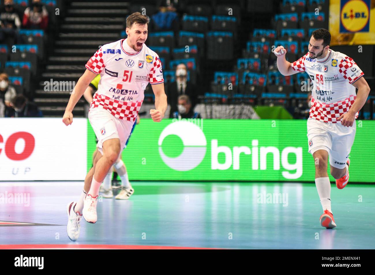 Ivan Martinovic (Croatia) celebrates a goal against Iceland. EHF Euro ...