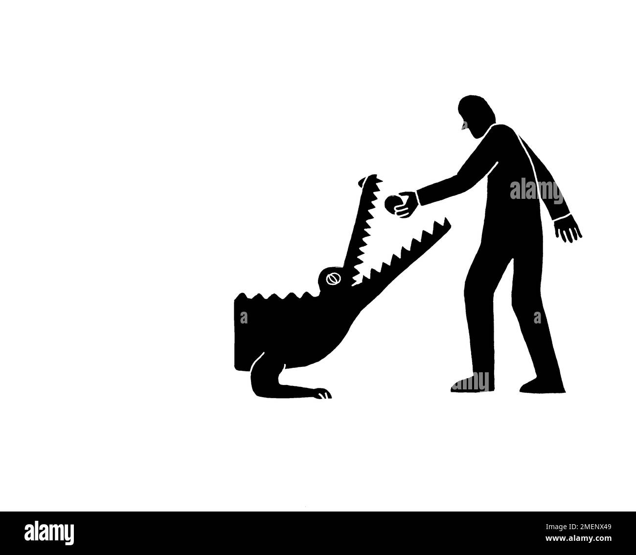 Black & white illustration of man feeding a crocodile. Churchill's ...