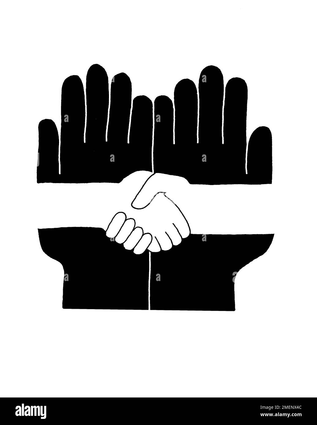 Black and white illustration hands shaking in front of pair of raised ...