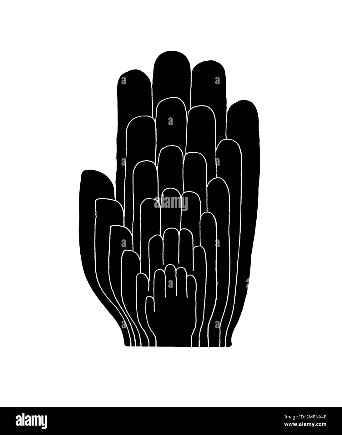 Black and white illustration small and large raised hands Stock Photo ...