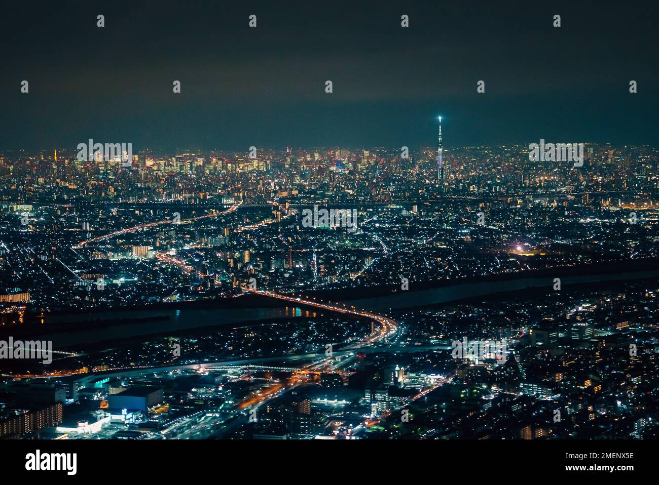 An aerial view of Tokyo cityscape illuminated with lights at night ...