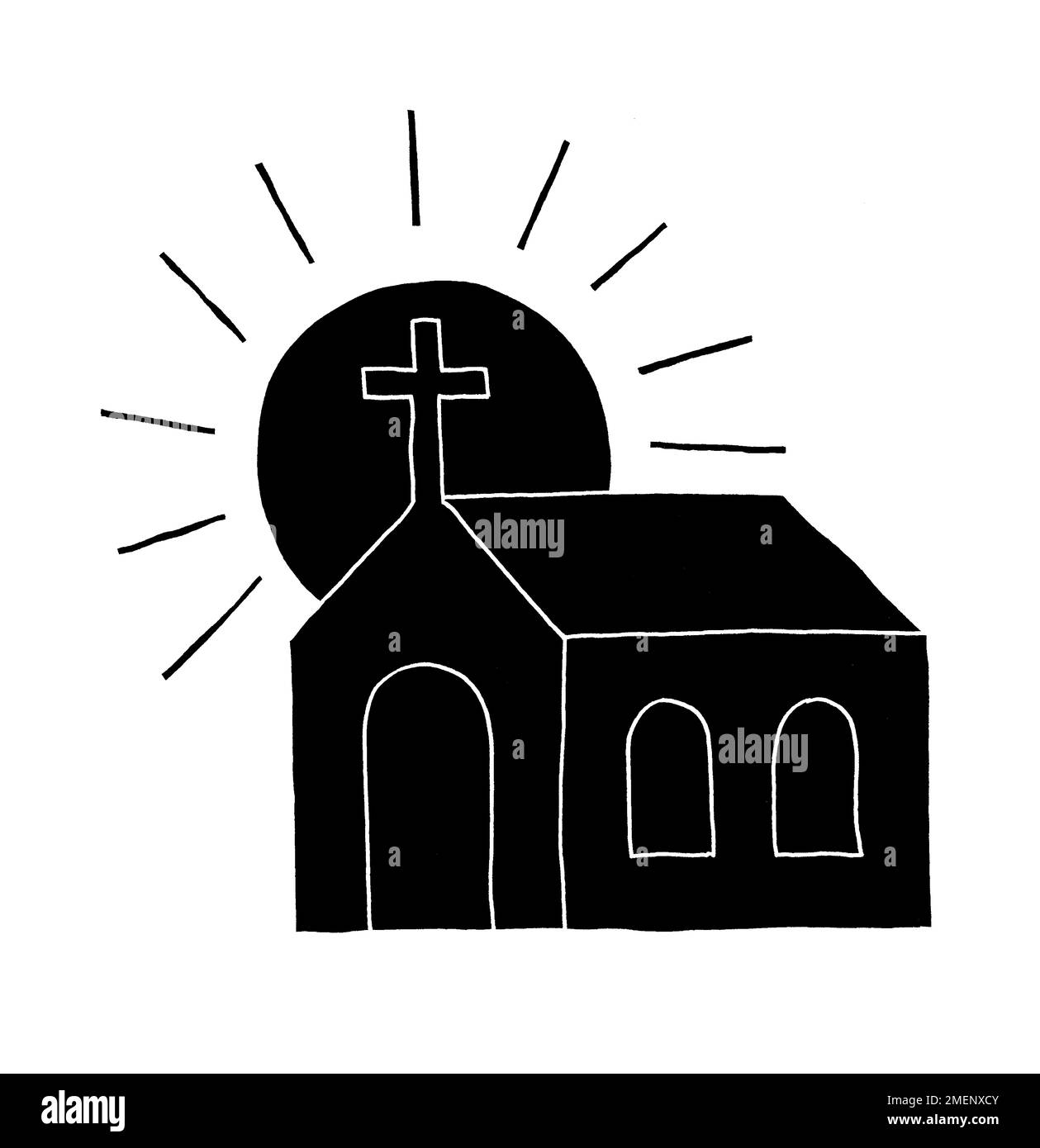 Black and white illustration of church and sun Stock Photo - Alamy