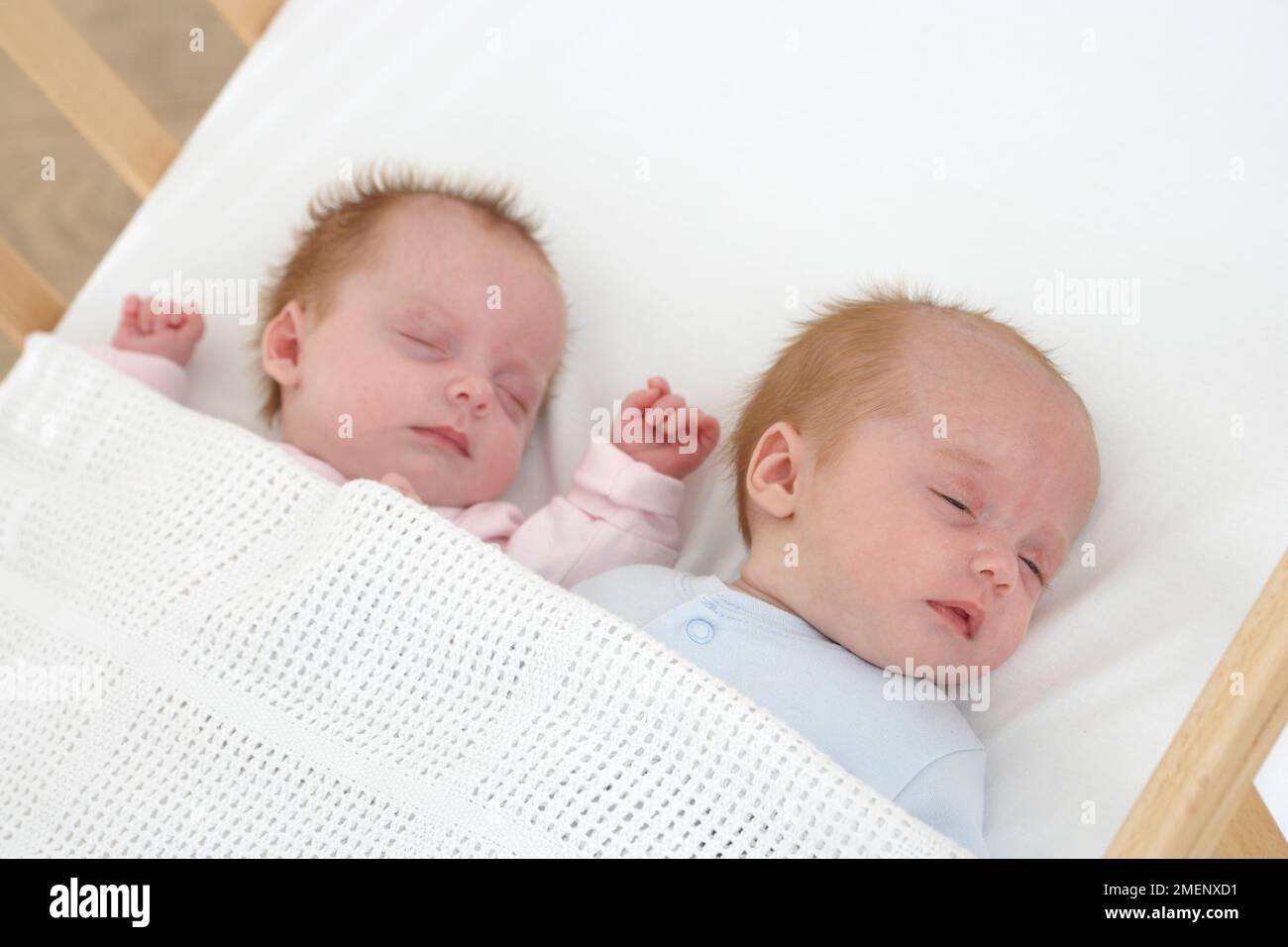 Twin baby boy and girl asleep together in cot, close-up, 7 weeks Stock ...