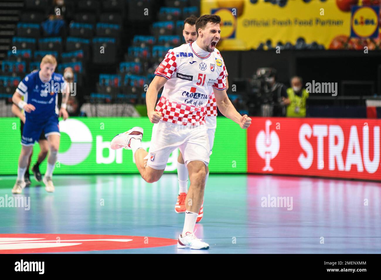 Ivan Martinovic (Croatia) celebrates a goal against Iceland. EHF Euro ...