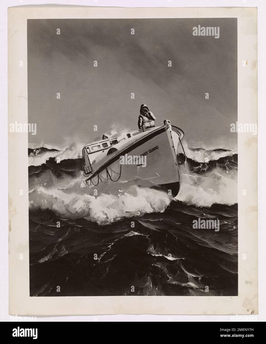 In this artwork, a U.S. Coast Guard motor surf boat struggles over a ...