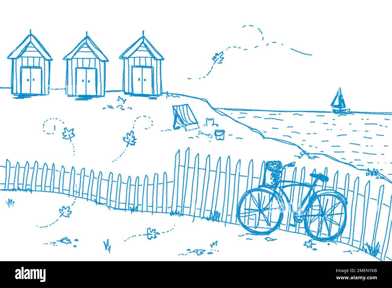 Seaside scene with beach huts and bicycle Stock Photo - Alamy