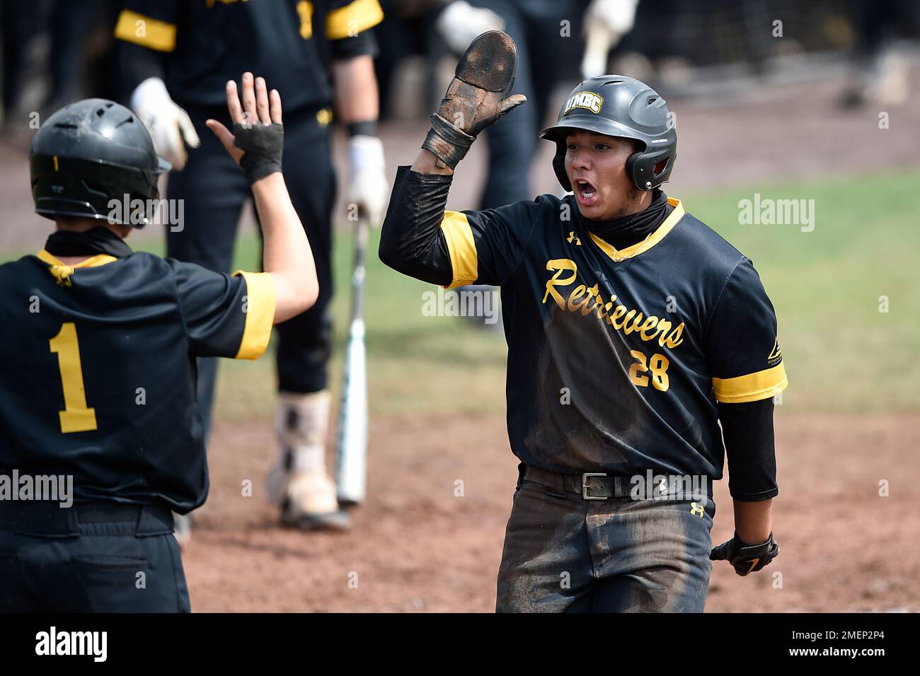 UMBC's Ian Diaz, right, reacts after scoring during an NCAA baseball ...