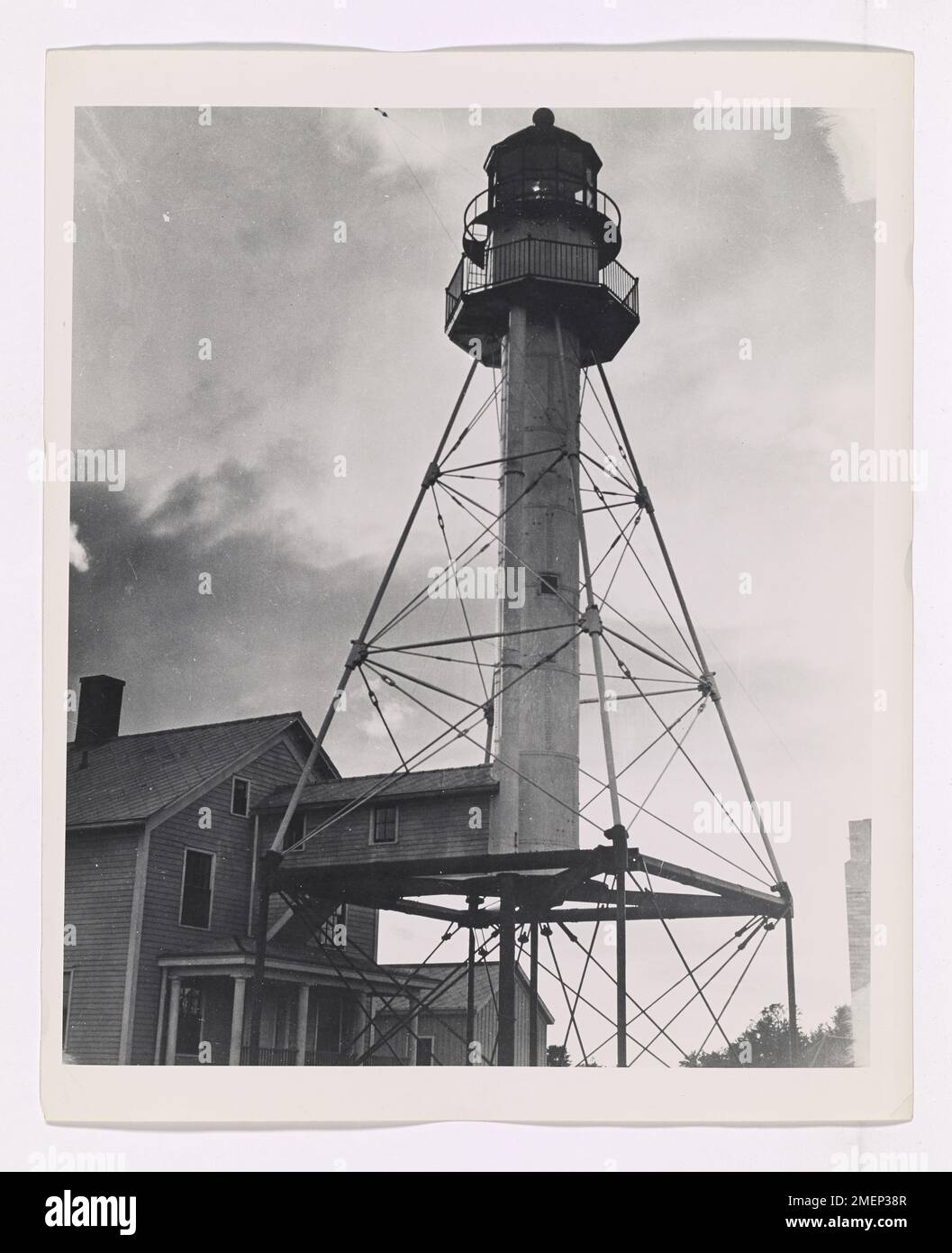 This close-up photograph shows the detailed structure of a light tower ...