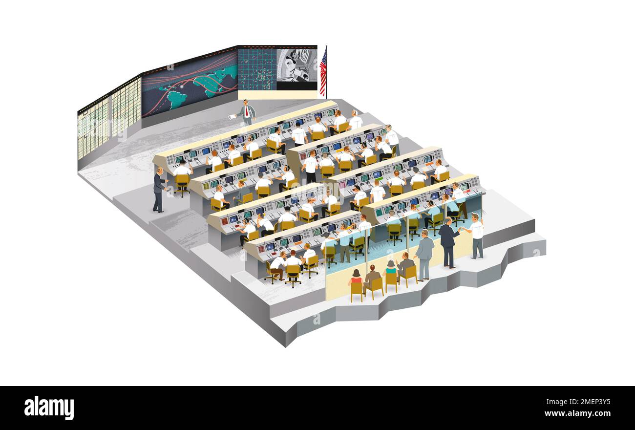Illustration of NASA mission control workroom Stock Photo - Alamy