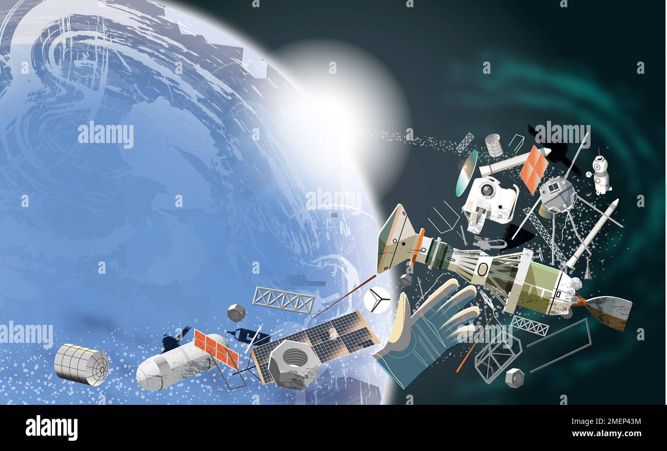 Illustration of space junk flying around Earth Stock Photo - Alamy