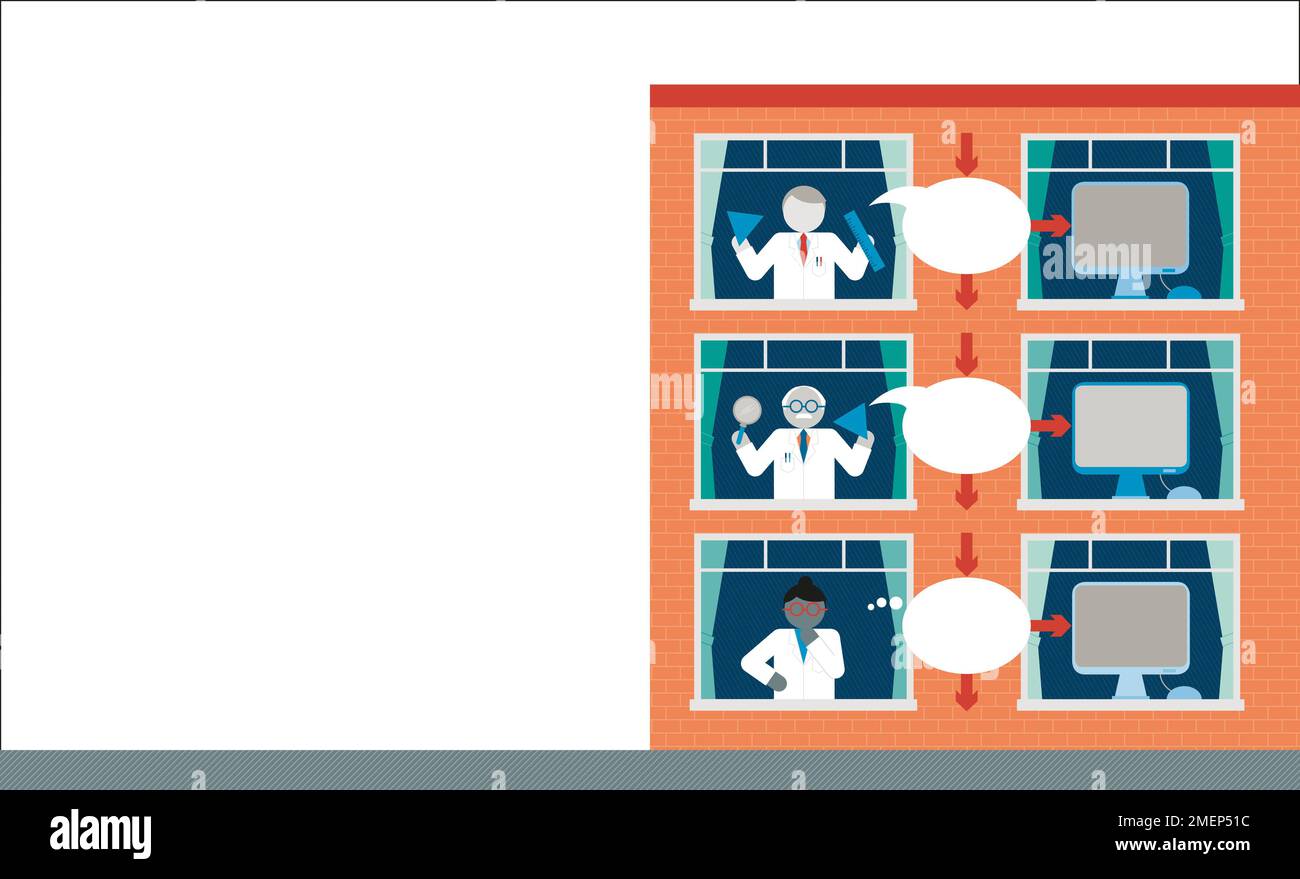 Illustration showing a block of flats with scientists inside Stock ...