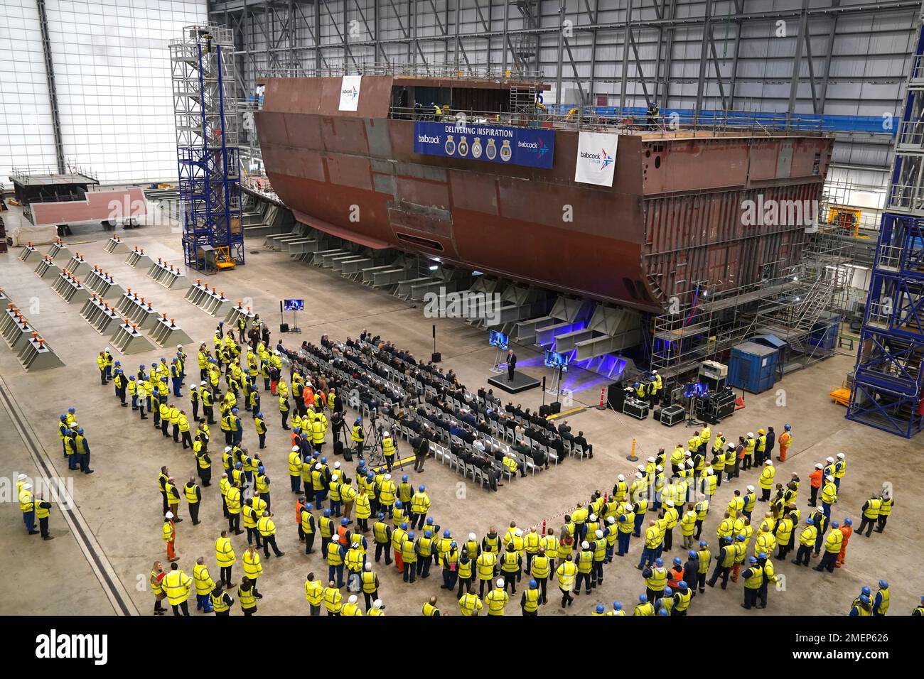 Workers look on at HMS Ventura in the Ventura building which will house ...