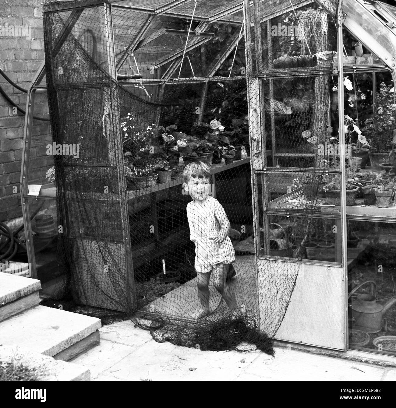 1960s, historical, a little boy having fun at the entrance to a small ...