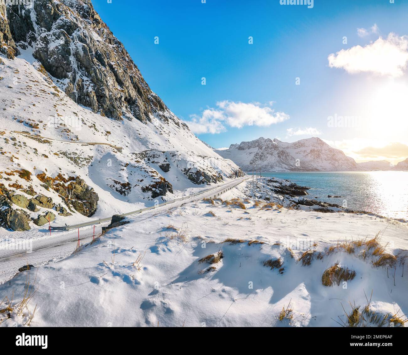Picturesque winter view on Flakstad coastline seen from the oposite ...