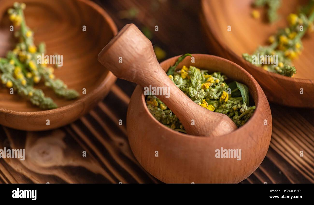 Mortar with ingredients for crushing into powder or paste for the ...