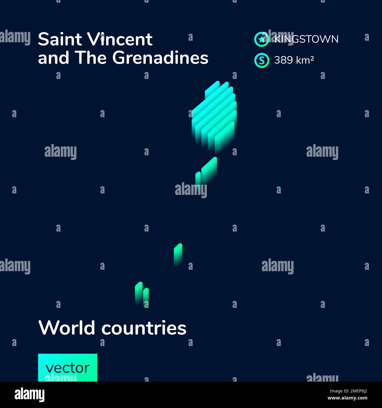 Saint Vincent and Grenadines 3D map. Stylized striped isometric neon ...