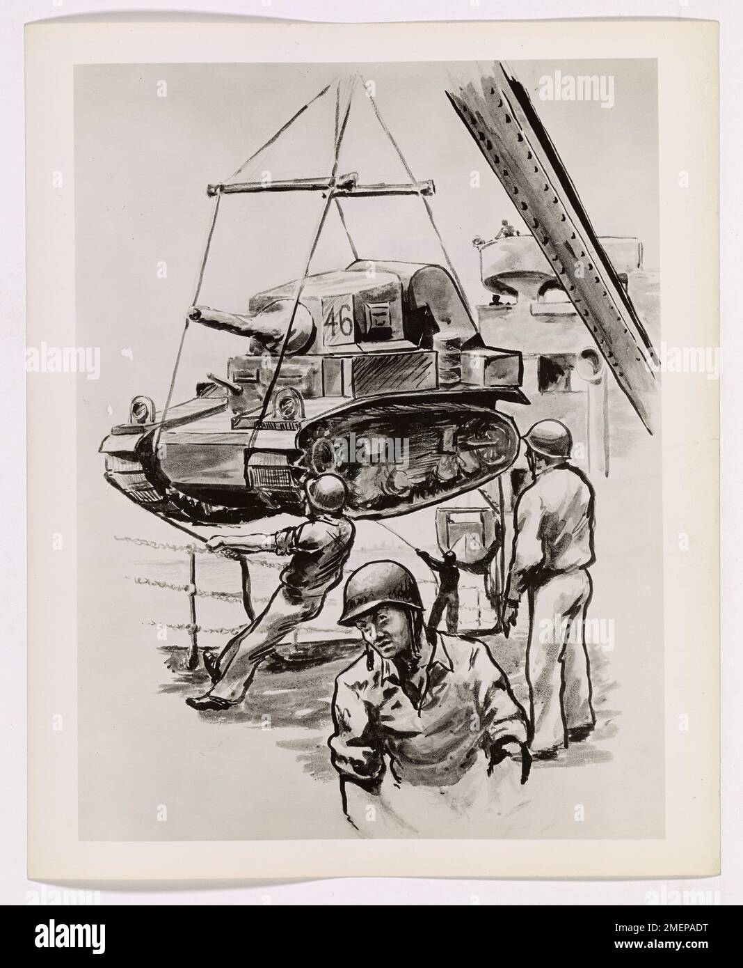 Coast Guardsmen are depicted loading a tank onto a landing craft during ...