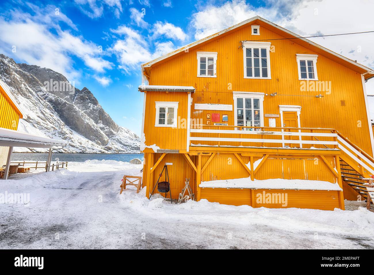 Attractive morning cityscape of Nusfjord village. Popular travel ...
