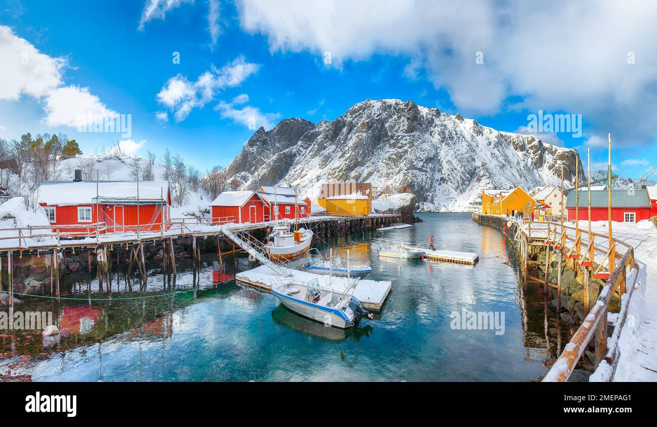 Stunning morning seascape of Norwegian sea and cityscape of Nusfjord ...