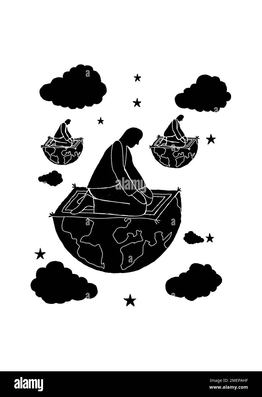 Illustration showing people praying on their own individual planet ...
