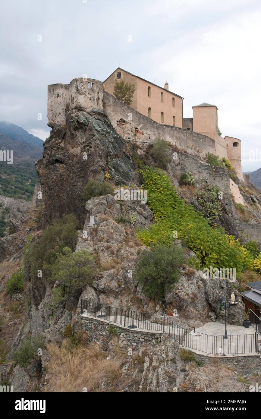 France, Corsica, Corte - view of the citadel and 'Eagle's Nest' bastion ...