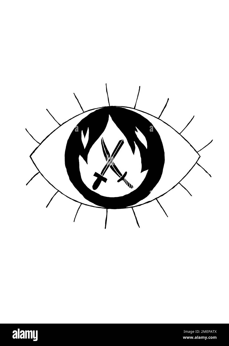 Illustration showing an eye, with flames and crossed swords in the eye ...