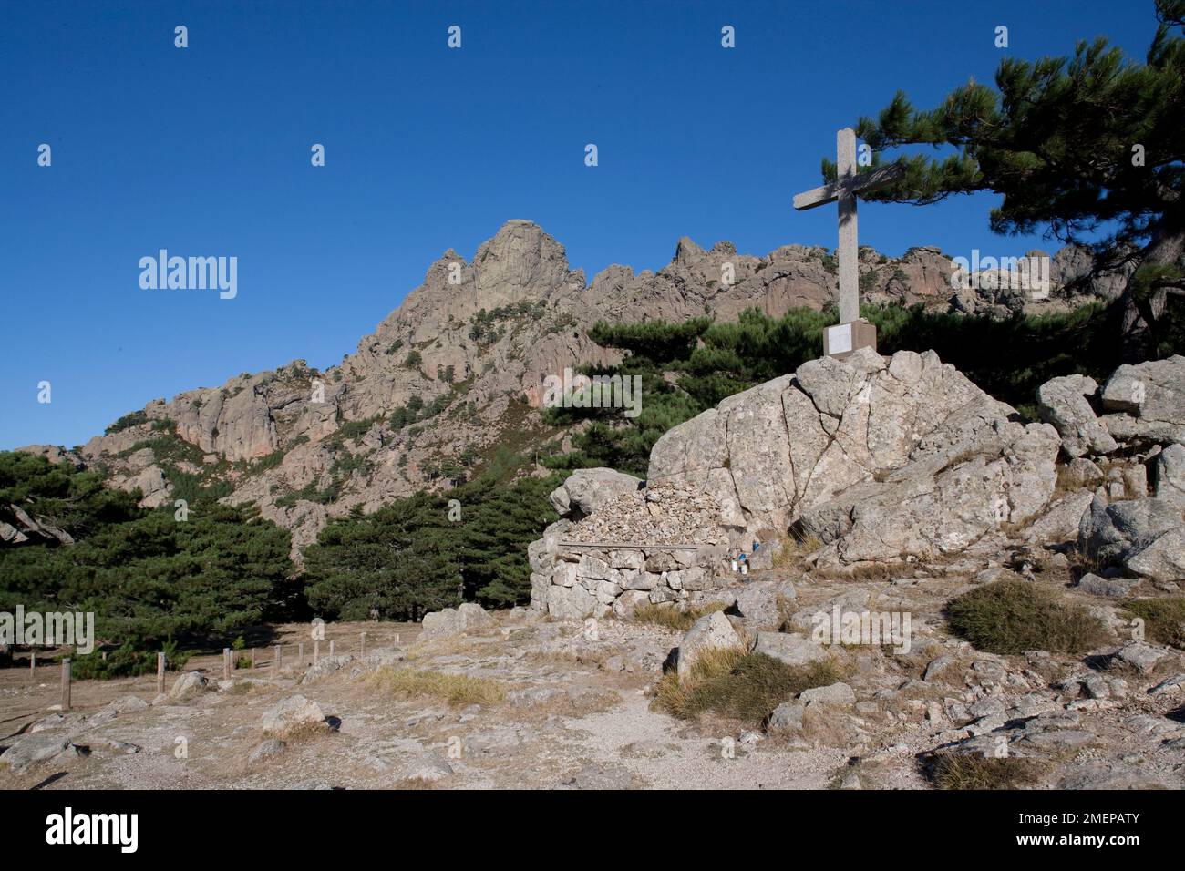 France, Corsica, La Route de Bavella - crucifix at the summit of the ...
