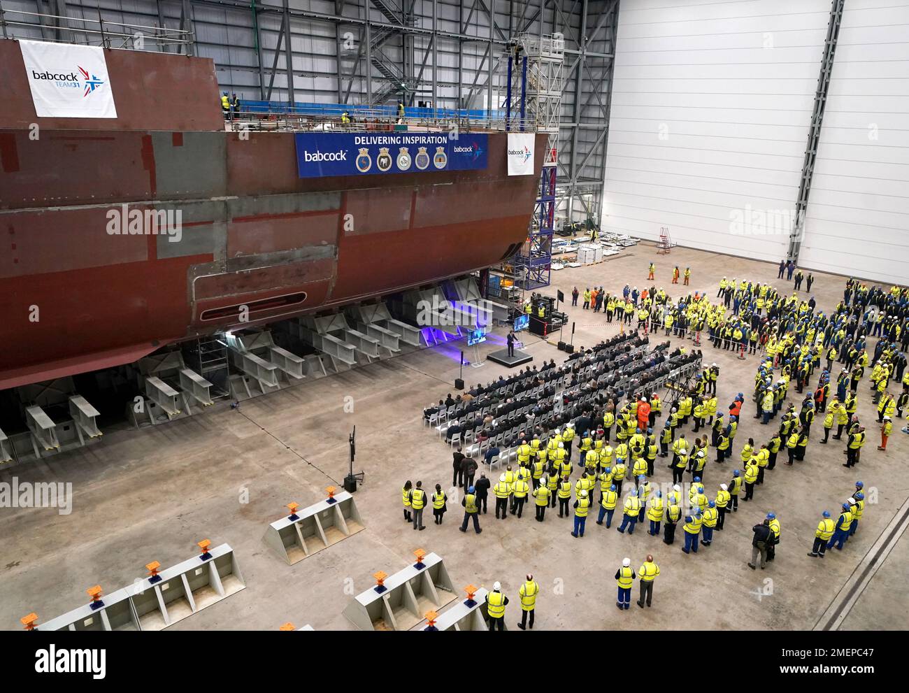 Workers look on at HMS Ventura in the Ventura building which will house ...