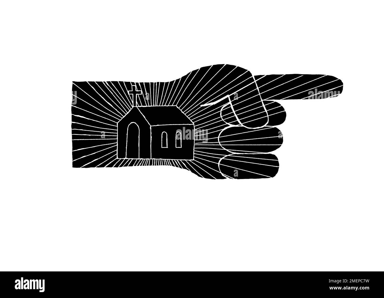 A hand with a pointed finger, and a church with rays emanating from it ...