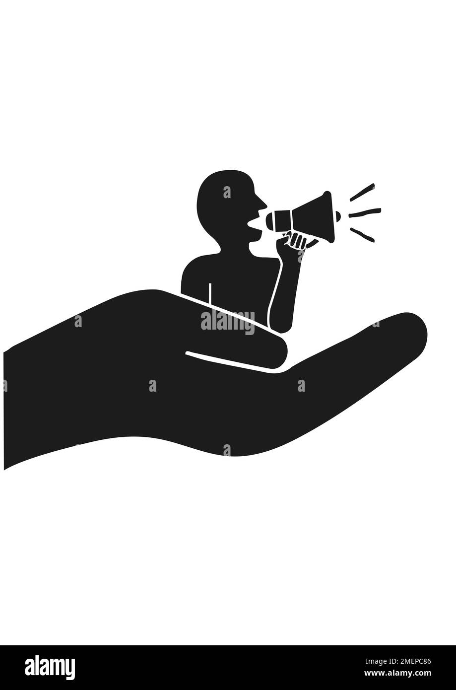 A palm of the hand carrying a man with a megaphone - protection of ...