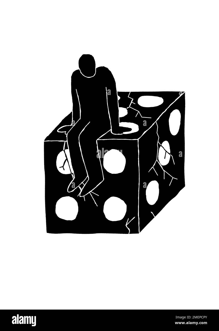 Illustration of a cracked dice and a man sitting on it Stock Photo - Alamy