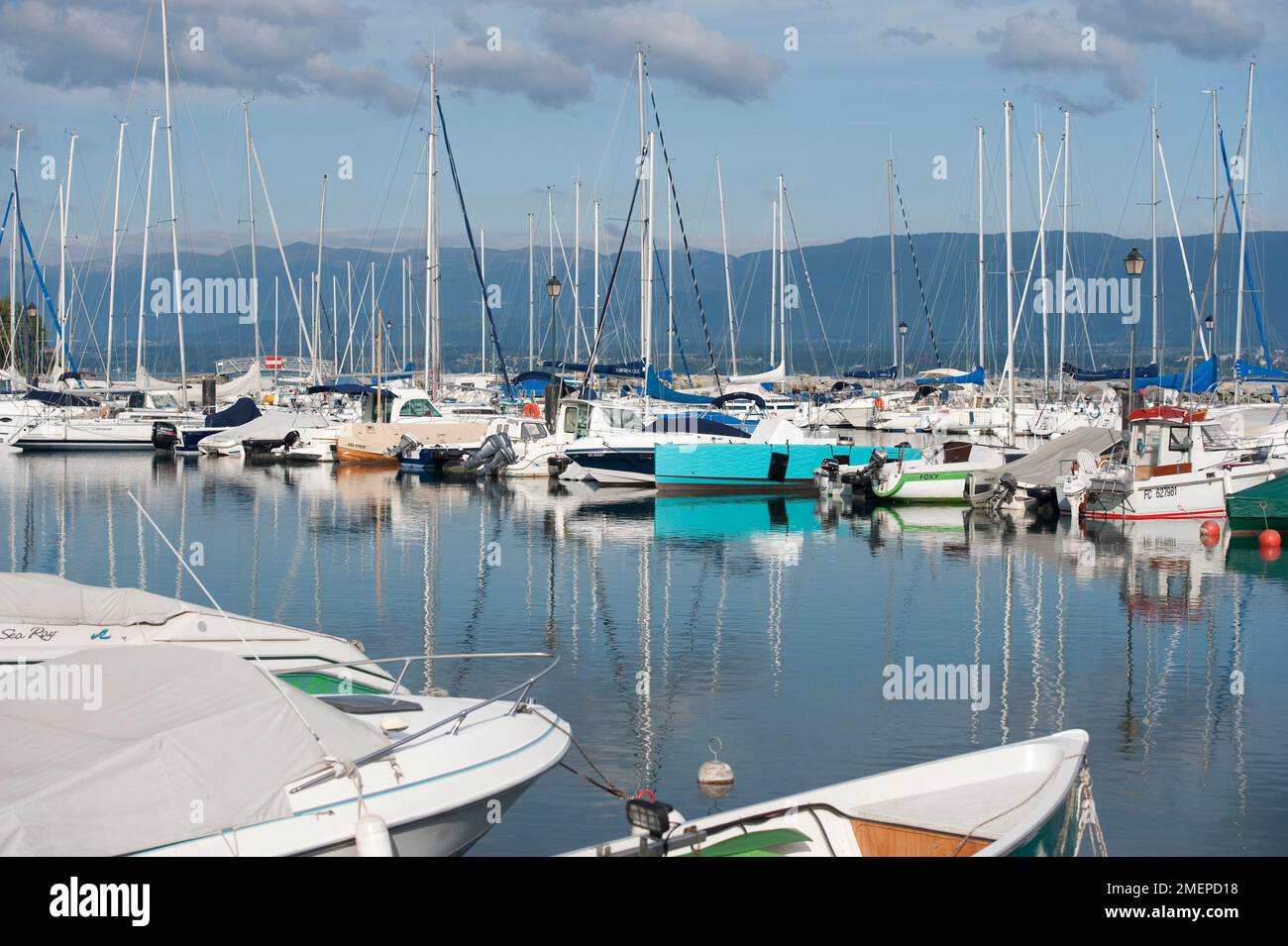 France, Rhone-Alpes, Haute-Savoie, Yvoire, marina on Lake Geneva (Lac ...