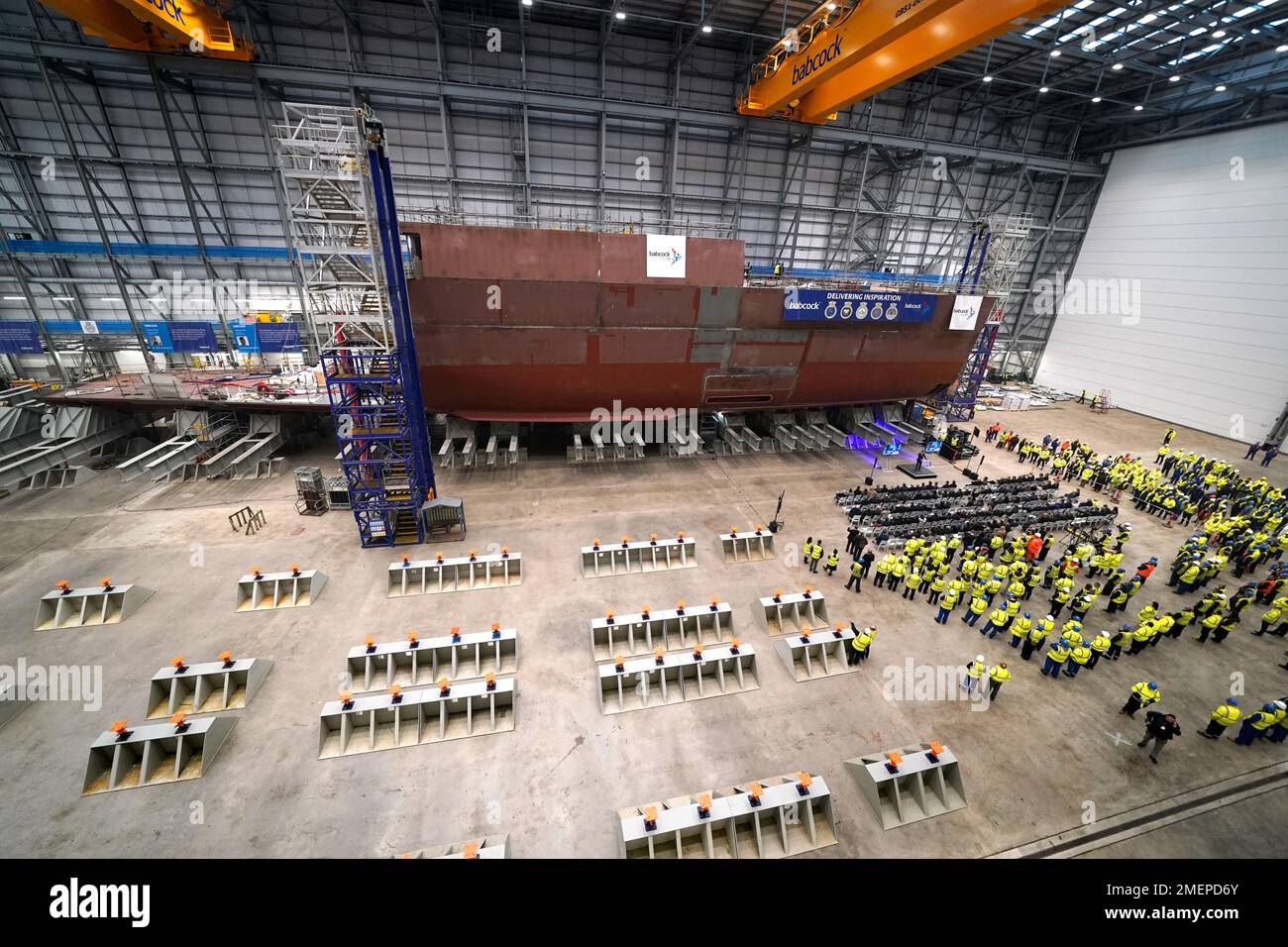 Workers look on at HMS Ventura in the Ventura building which will house ...