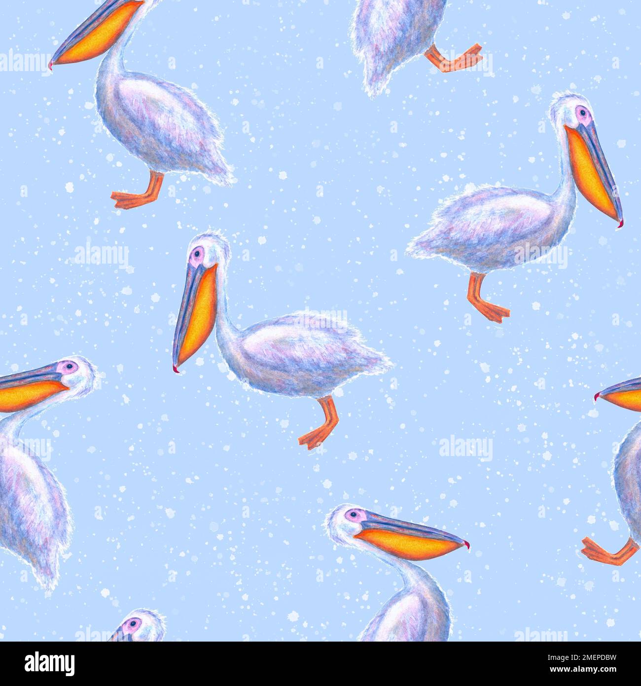 Watercolor white pelicans seamless pattern with splashes. Hand drawn ...