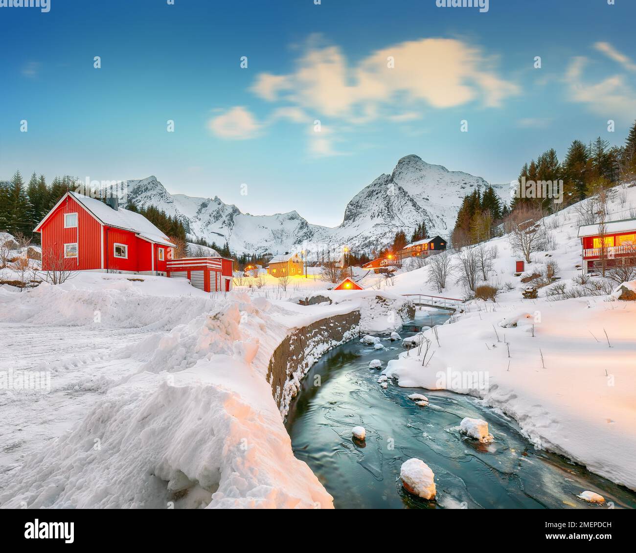 Fabulous evenihg scenery of Norwegian Nusfjord village. Popular travel ...