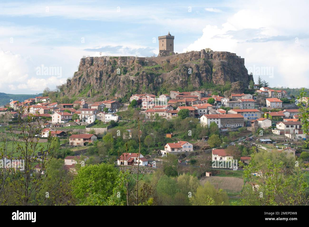 France, Auvergne, Haute-Loire, Polignac, view of town and Chateau de ...