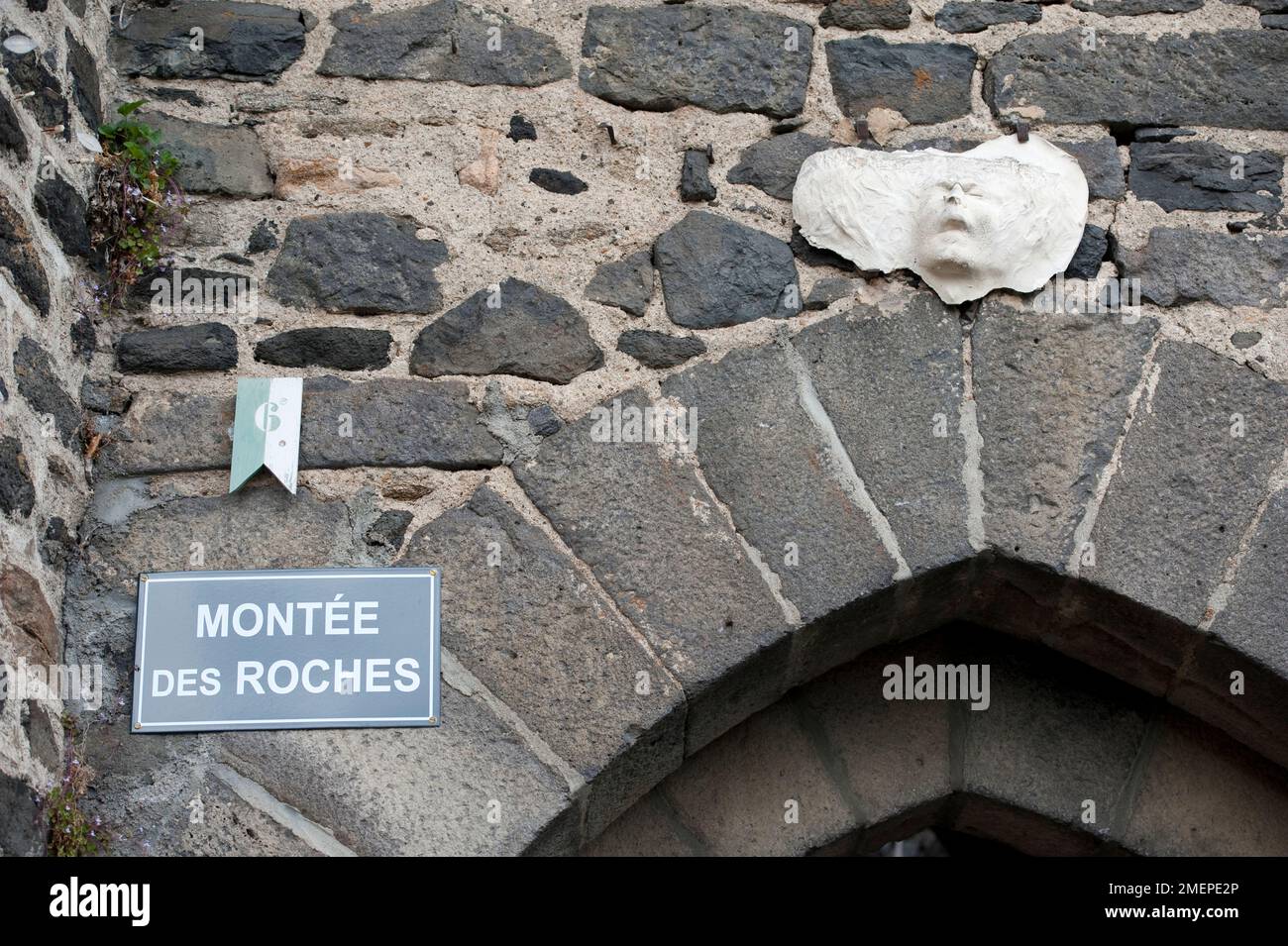 France, Auvergne, Cantal, France, Saint-Flour, human face relief ...