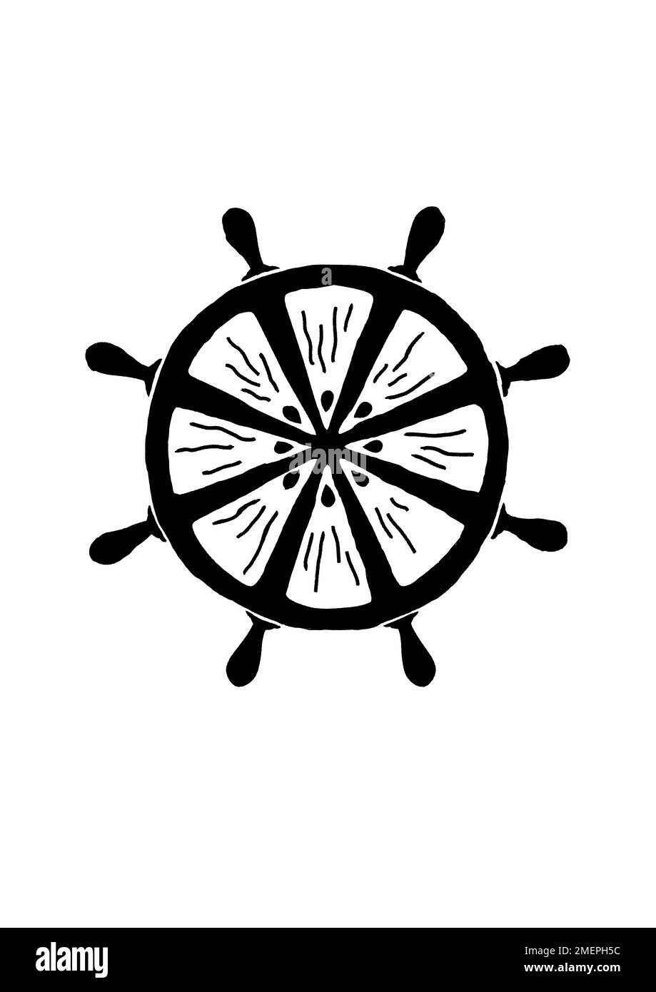 A ship's wheel with its various segments making up an orange in cross ...