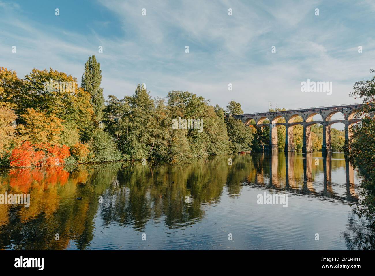 Railway Bridge with river in Bietigheim-Bissingen, Germany. Autumn ...