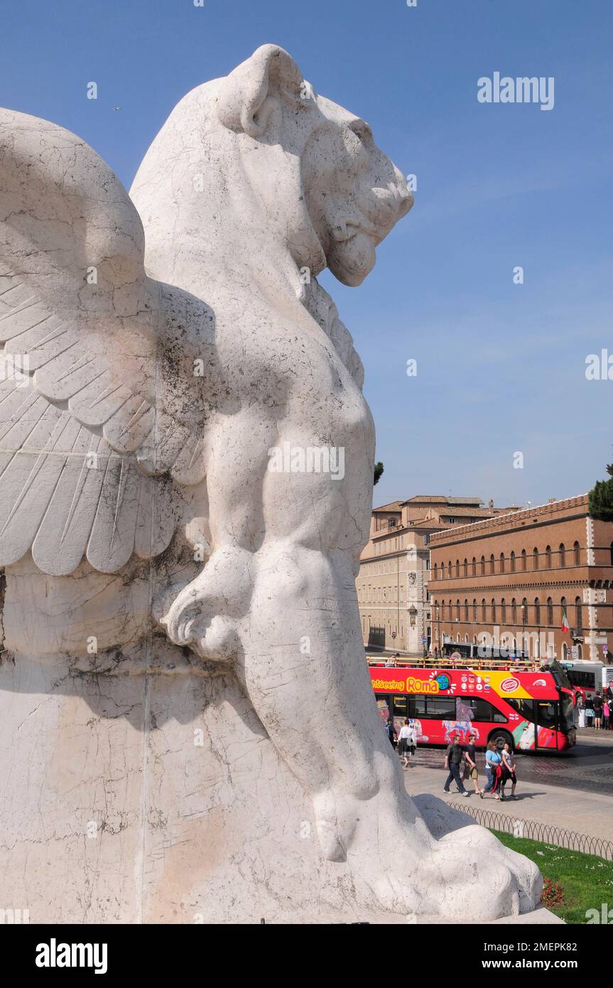 Italy, Lazio, Rome, Capitoline Hill, winged lion statue & view onto ...
