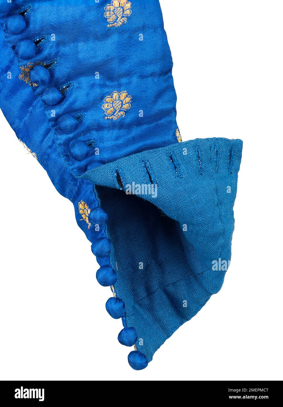 Medieval-style blue silk paltock (doublet) with brocaded gilt leaves ...