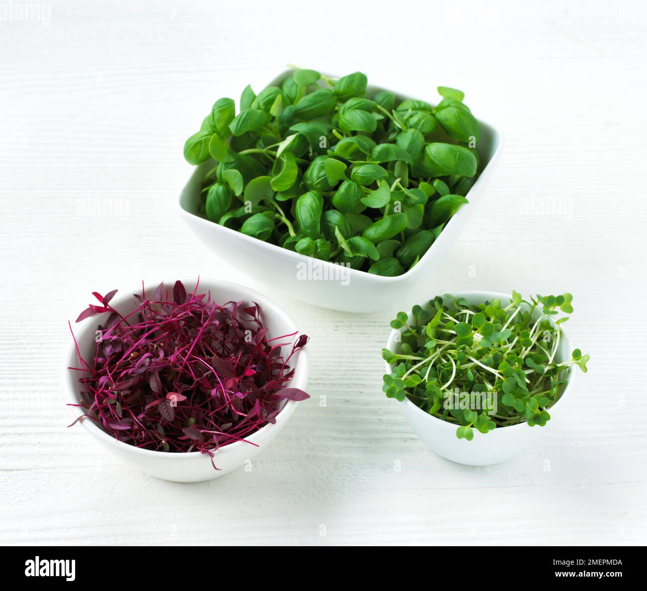 Selection of micro herbs, cress, sprouts, in ceramic bowls Stock Photo ...