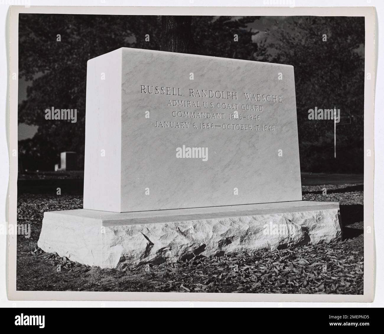 A photograph shows the memorial to Admiral Russell R. Waesche at ...