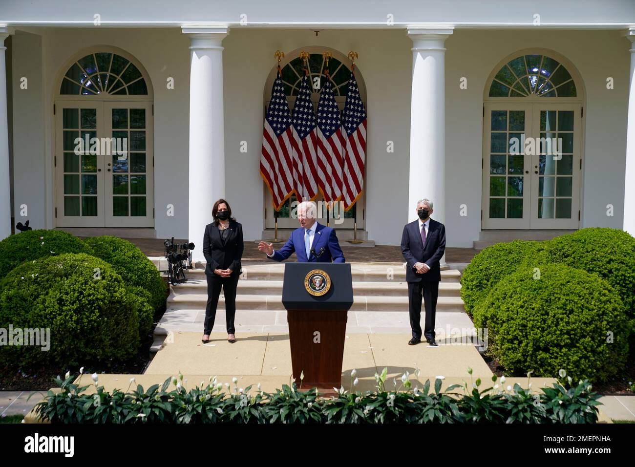 President Joe Biden, accompanied by Vice President Kamala Harris, and ...