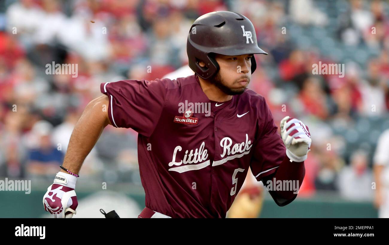 Little Rock batter Miguel Soto (5) runs to first base against Arkansas ...