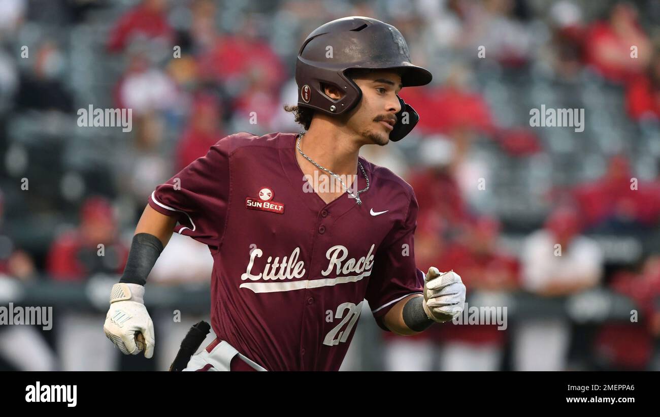 Little Rock baserunner Jorden Hussein (21) against Arkansas during an ...