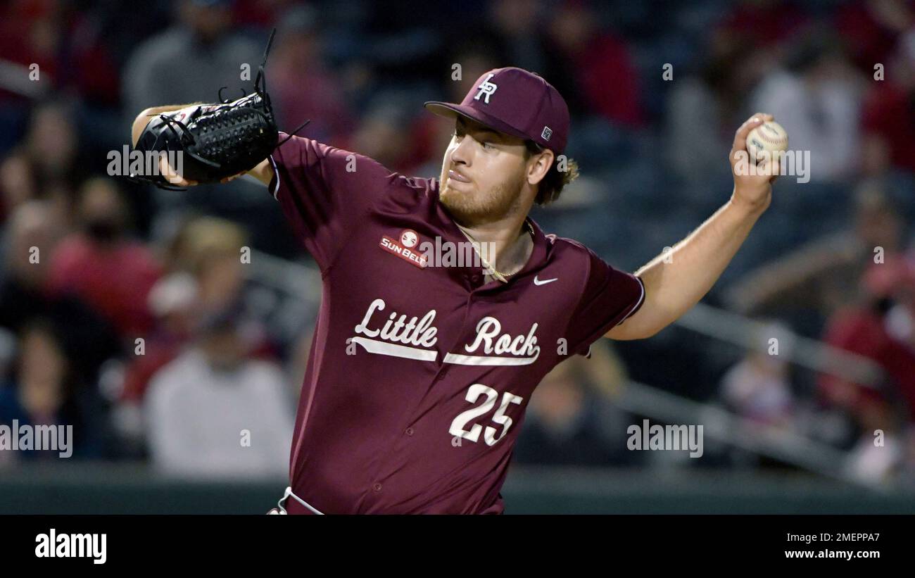Little Rock pitcher Jack DeCooman (25) throws against Arkansas during ...